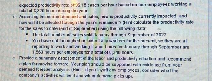 Solved expected productivity rate of 95.18 cases per hour | Chegg.com