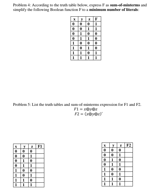 Solved Problem3: List the sum-of-minterms form and the truth | Chegg.com