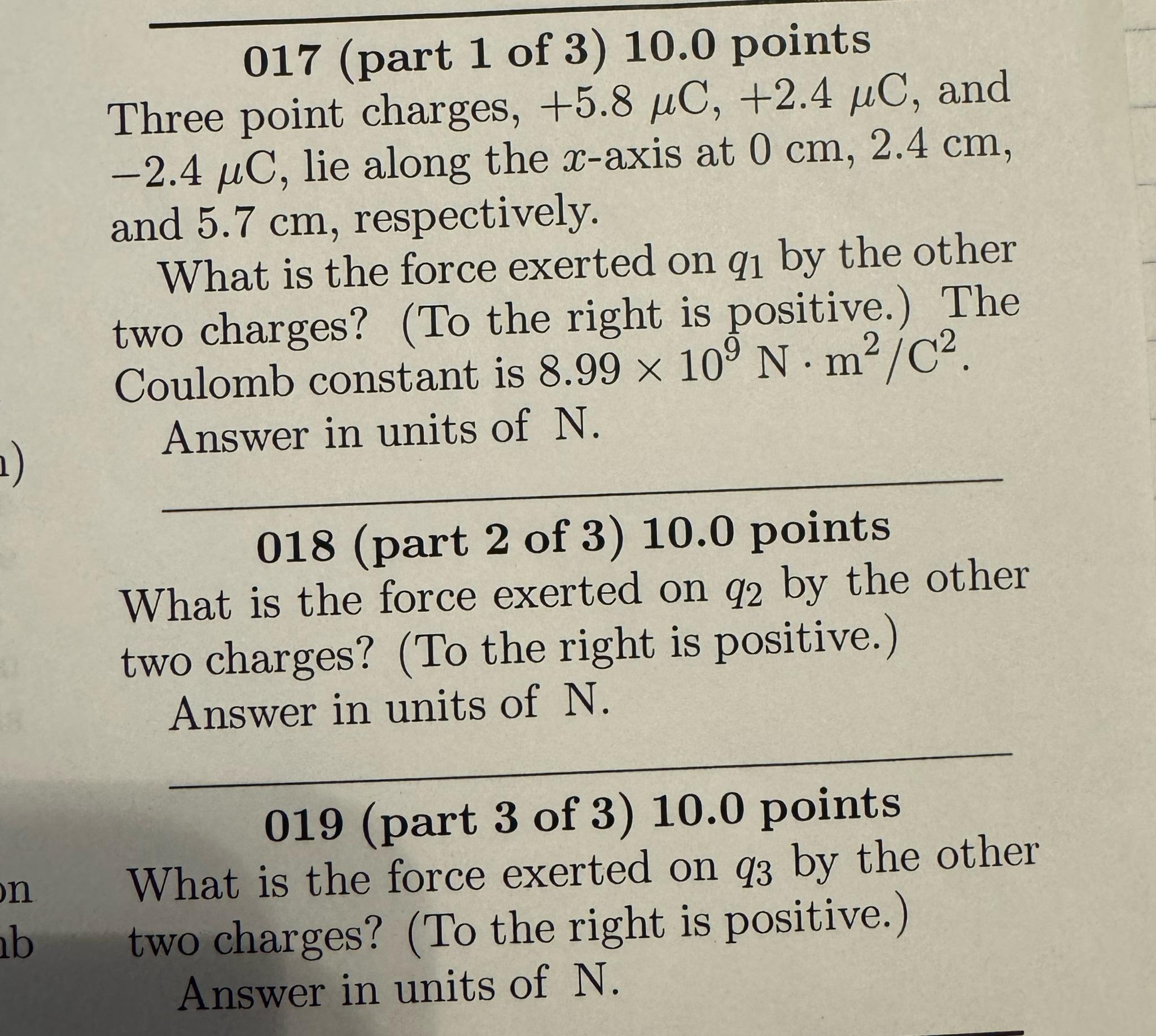 Solved 017 (part 1 ﻿of 3 ) 10.0 ﻿pointsThree point charges, | Chegg.com