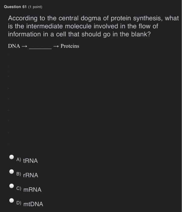 Solved Question 61 (1 point) According to the central dogma | Chegg.com