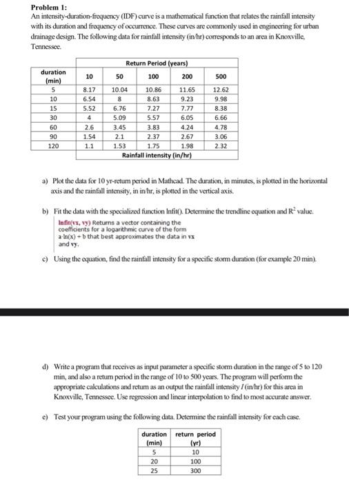 Solved Problem 1: An intensity-duration-frequency (IDF) | Chegg.com Solved Problem 1: An intensity-duration-frequency (IDF) | Chegg.com