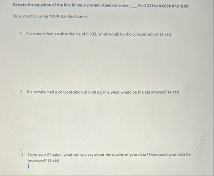 Solved Restate the equation of the line for your protein | Chegg.com
