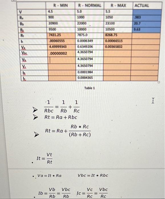 Table 1 Rbc1=Rb1+Rc1Rt=Ra+RbcRt=Ra+(Rb+Rc)Rb∗Rc | Chegg.com