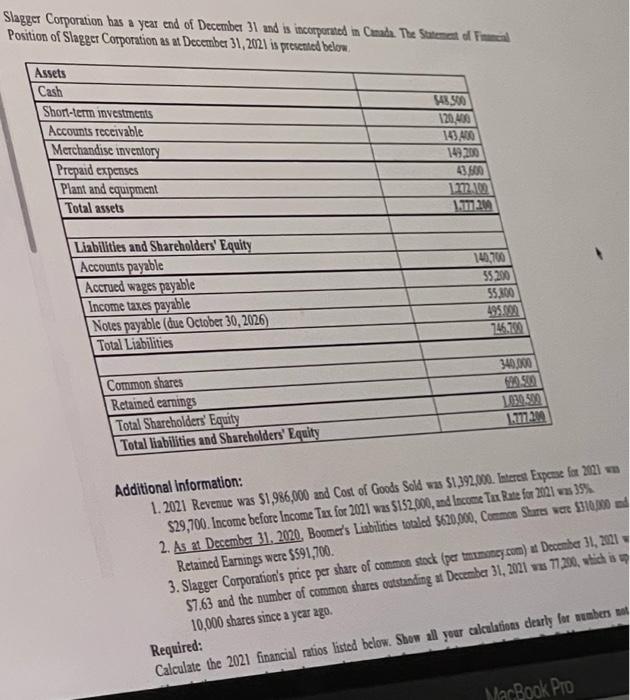 Solved Slagger Corporation has a year end of December 31 and | Chegg.com