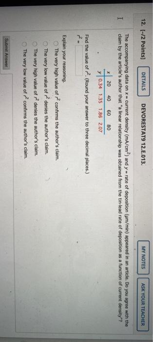 Solved 12. [-12 Points) DETAILS DEVORESTAT9 12.E.013. MY | Chegg.com Solved 12. [-12 Points) DETAILS DEVORESTAT9 12.E.013. MY | Chegg.com