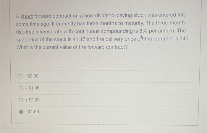 Solved A short forward contract on a non-dividend-paying | Chegg.com