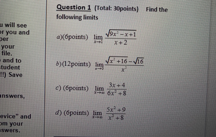 Solved Question 1 (Total: 30points) Find the following | Chegg.com