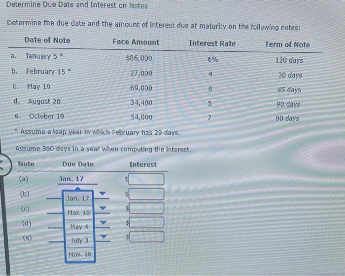 Solved Determine Due Date and Interest on Notes Determine | Chegg.com