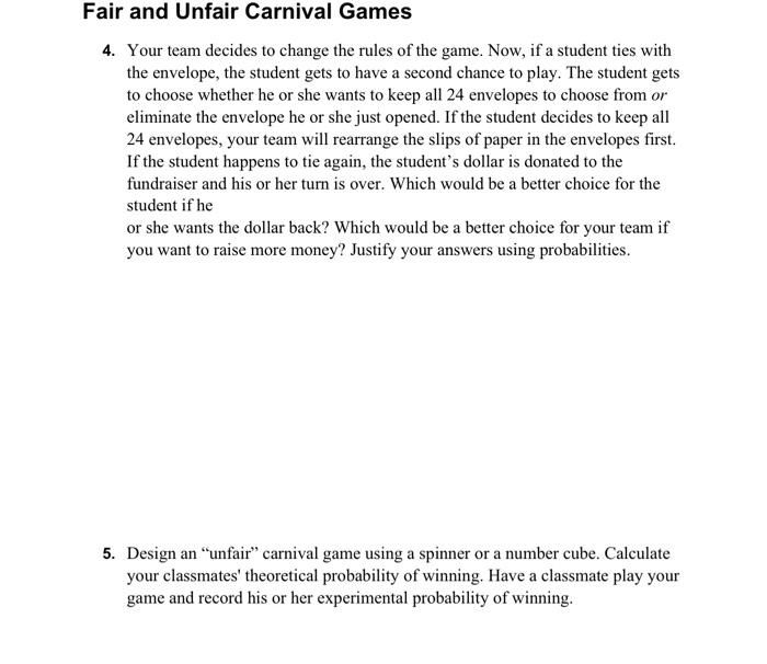 Fair and Unfair Carnival Games 4. Your team decides | Chegg.com