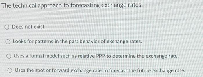 Solved The technical approach to forecasting exchange rates: | Chegg.com