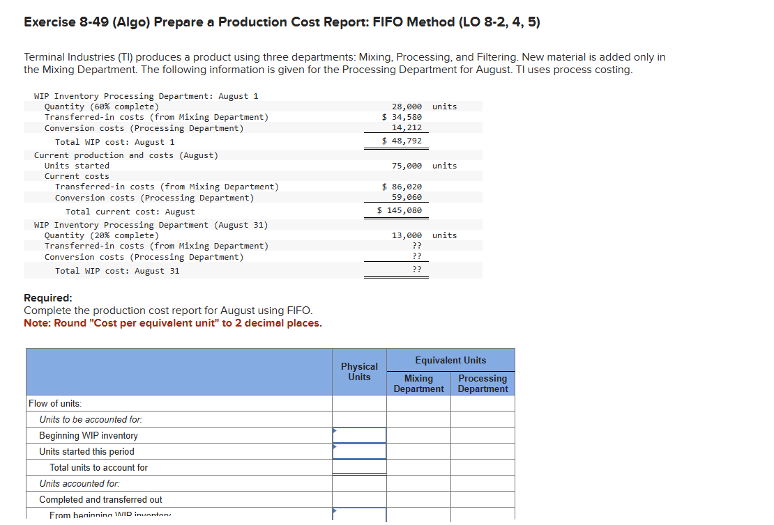 Solved Exercise 8-49 (Algo) ﻿Prepare a Production Cost | Chegg.com
