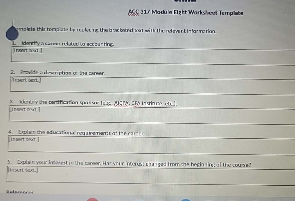Solved ACC 317 ﻿Module Elght Worksheet Templatemplete this | Chegg.com