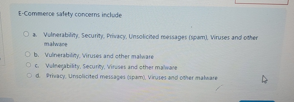 Solved E-Commerce safety concerns includea. ﻿Vulnerability, | Chegg.com