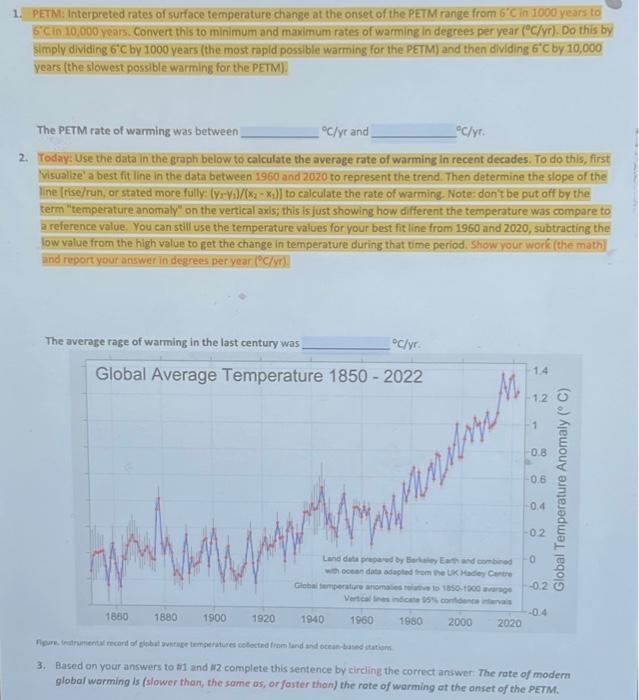 Solved 1. PETM: Interpreted rates of surface temperature | Chegg.com