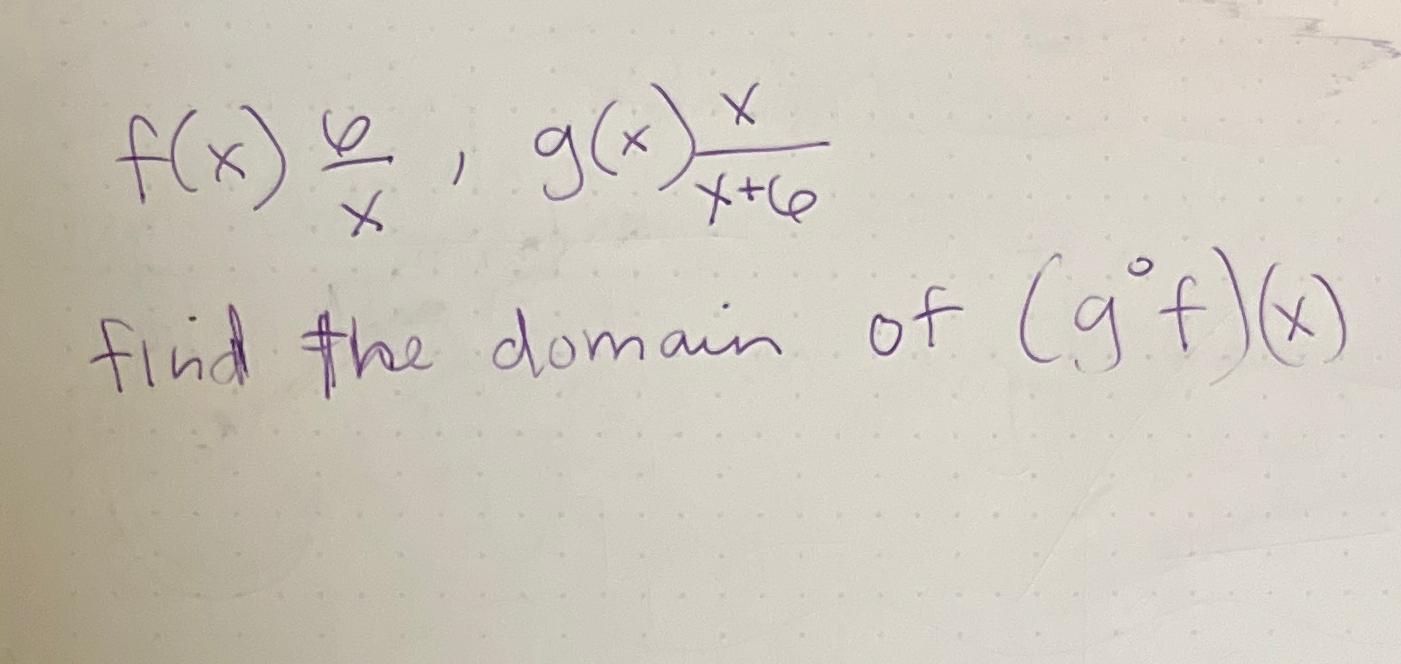 Solved f(x)=6x , g(x)=xx+6find the domain of (g°f)(x) | Chegg.com