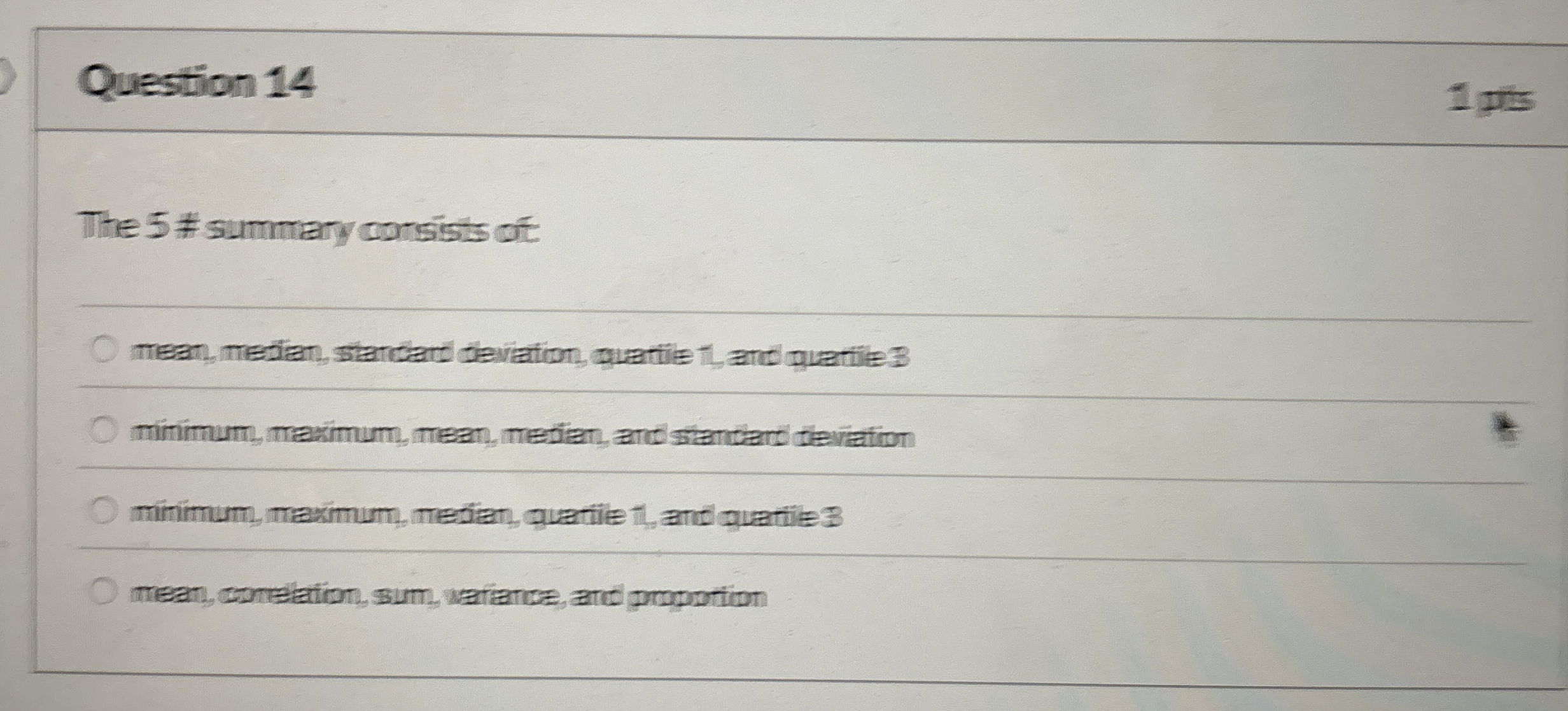 Solved Question 141 ﻿pisThe 5 ﻿# summary consists of mean, | Chegg.com