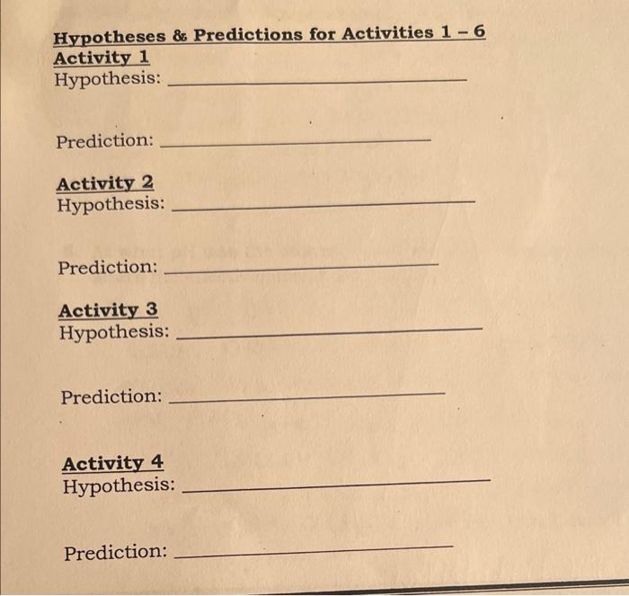 Hypotheses 8 Predictions for Activities 1-6 Activity | Chegg.com