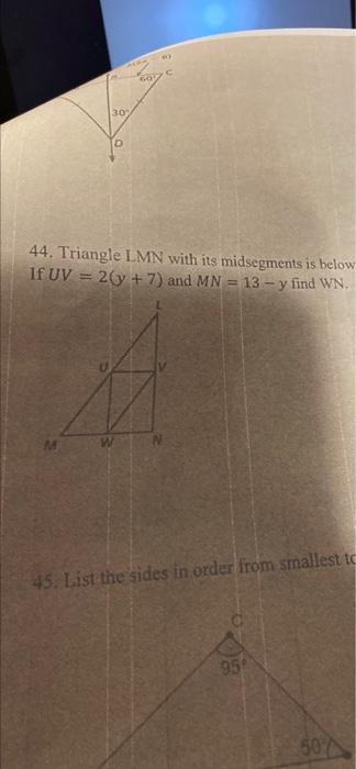 Solved 30 D 44. Triangle LMN with its midsegments is below | Chegg.com