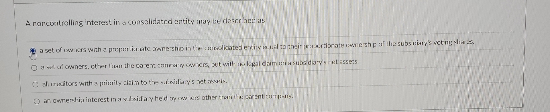 Solved A noncontrolling interest in a consolidated entity | Chegg.com