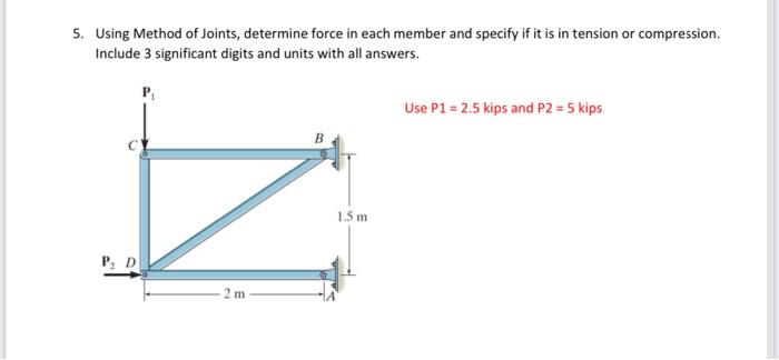 [Solved]: 5. Using Method of Joints, determine force in eac