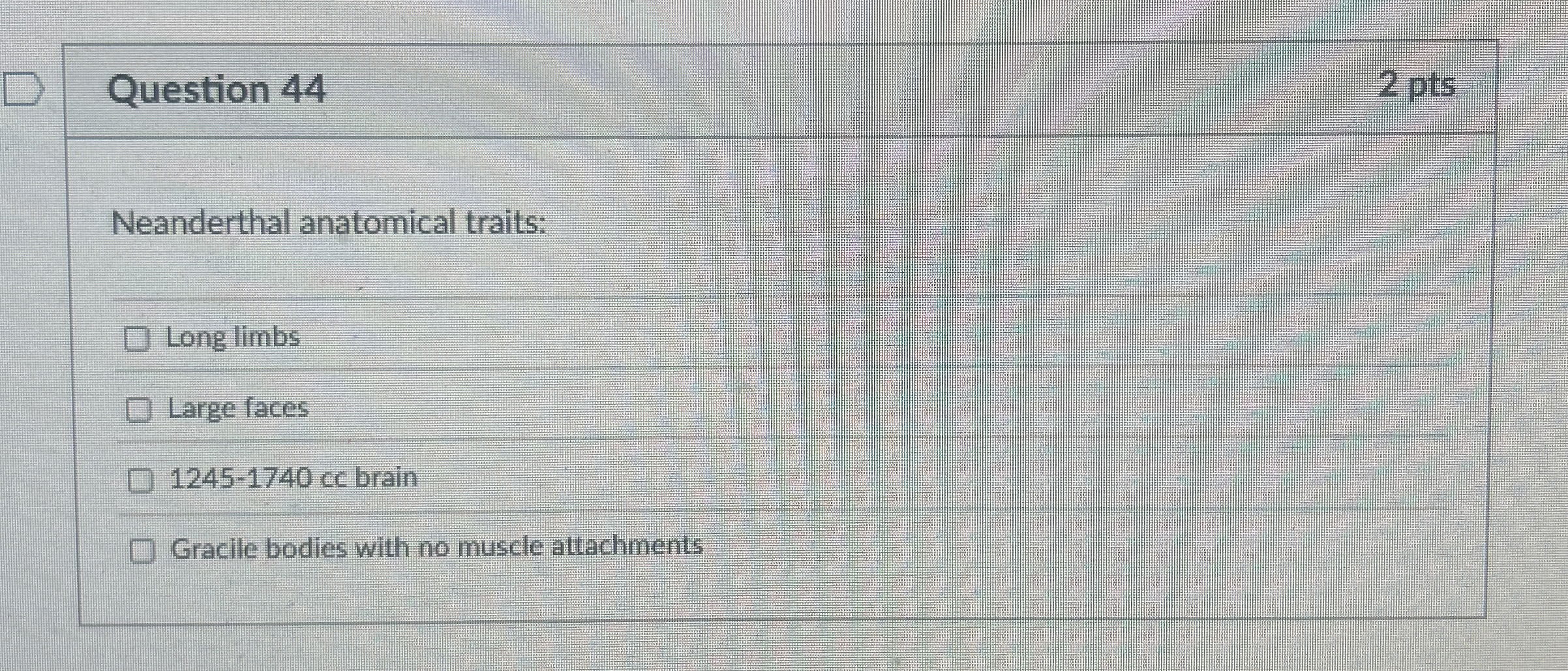 Solved Question 442 ﻿ptsNeanderthal anatomical traits:Long | Chegg.com