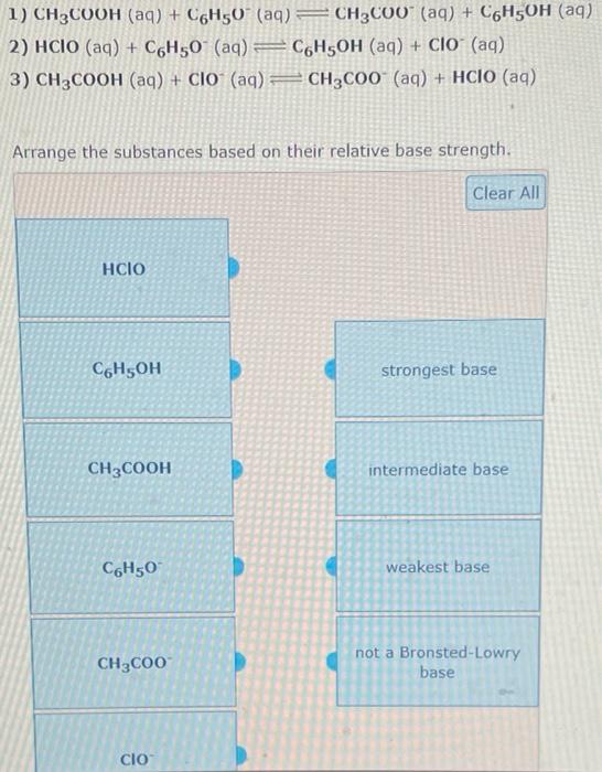 Solved 1) CH3COOH (aq) + C6H50 (aq) = CH3C00+ (aq) + C6H5OH | Chegg.com