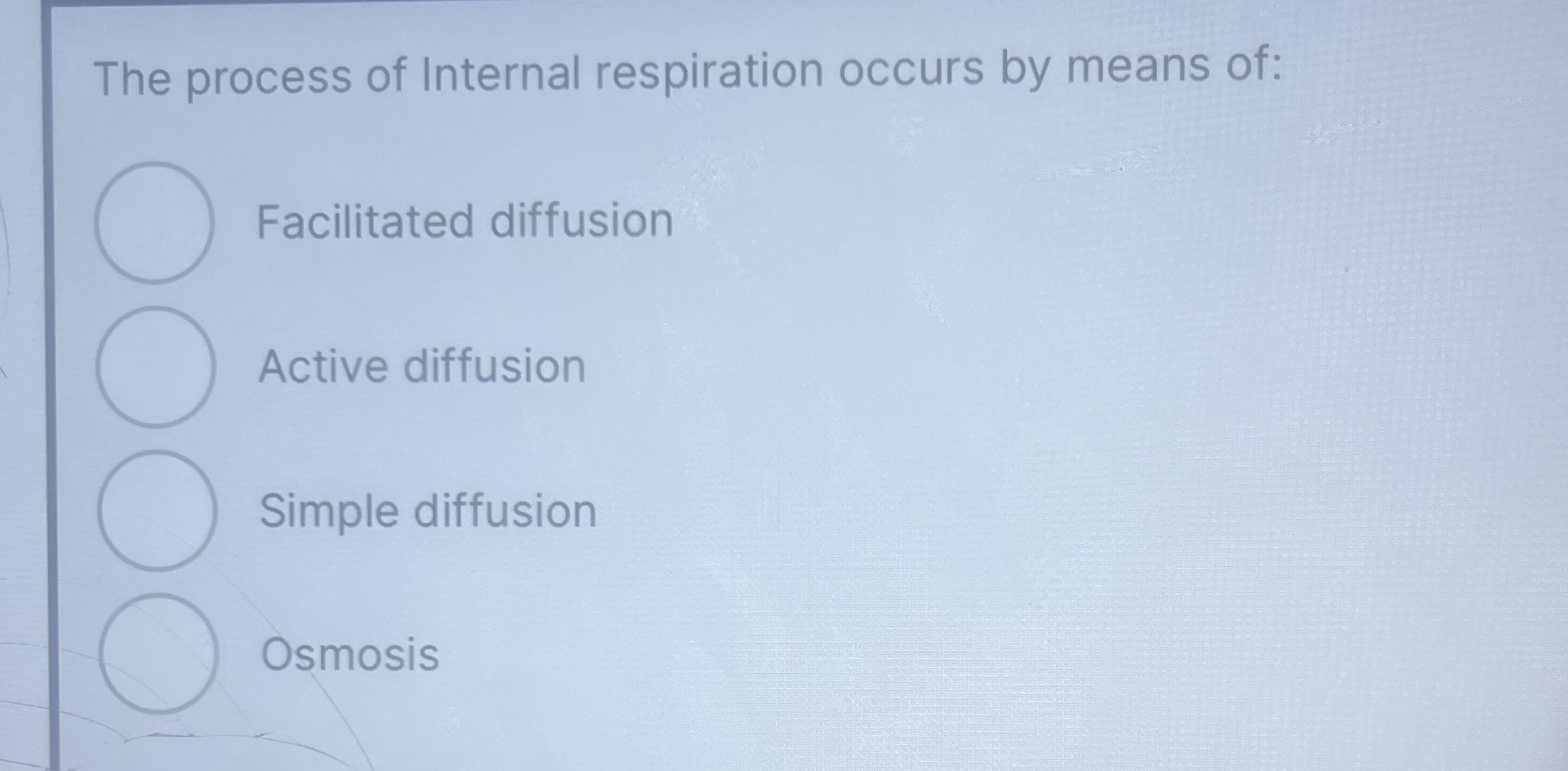 The process of Internal respiration occurs by means | Chegg.com