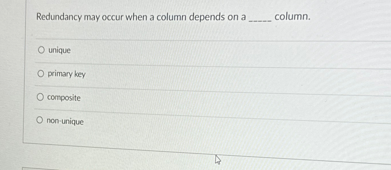 Solved Redundancy may occur when a column depends on | Chegg.com