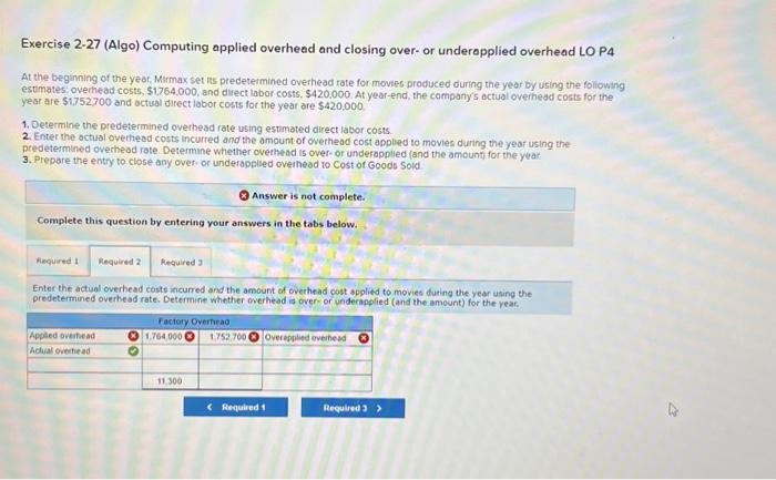 Solved Exercise 2-27 (Algo) Computing applied overhead and | Chegg.com