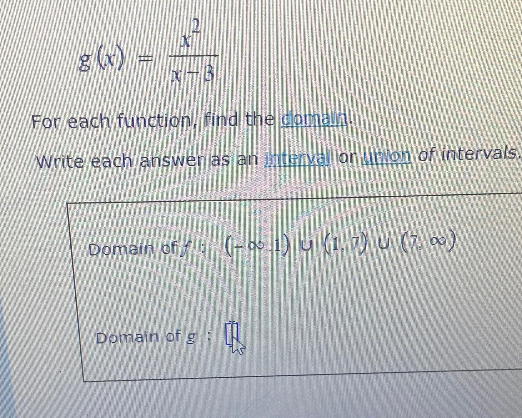 Solved g(x)=x2x-3For each function, find the domain.Write | Chegg.com