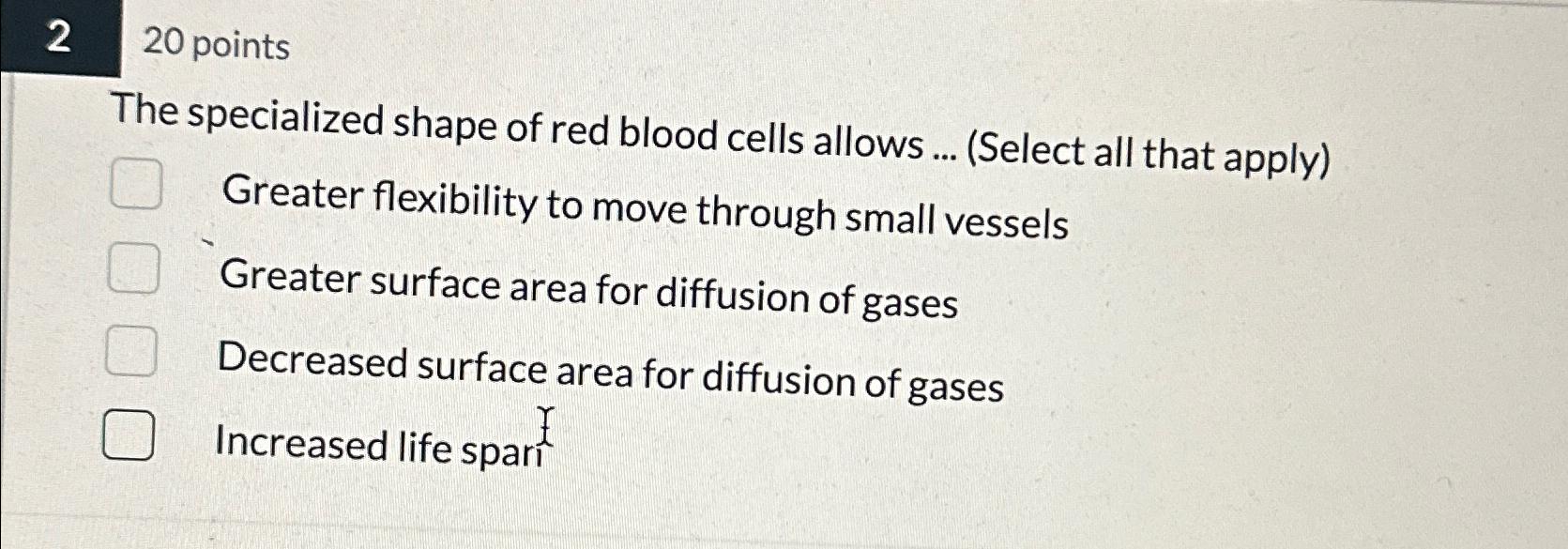 Solved 220 ﻿pointsThe specialized shape of red blood cells | Chegg.com