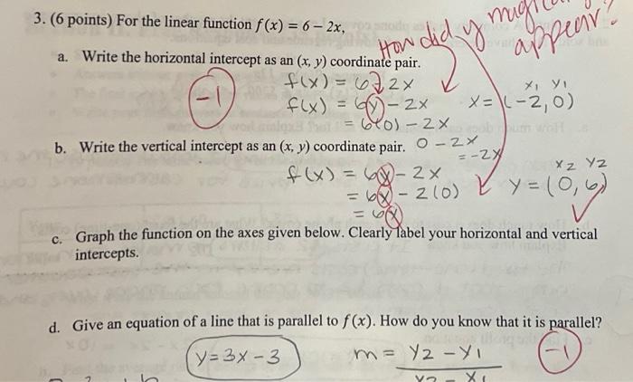 Solved 3. (6 points) For the linear function f(x) = 6 - 2x, | Chegg.com