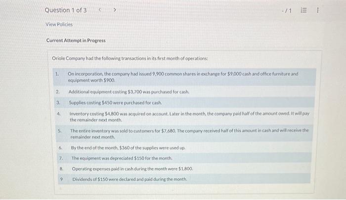 Solved Oriole Company had the following transactions in its | Chegg.com