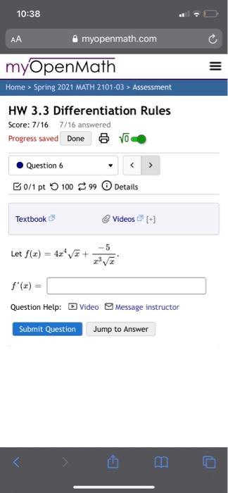 Solved 10:38 АА = myopenmath.com myOpenMath Home > Spring | Chegg.com