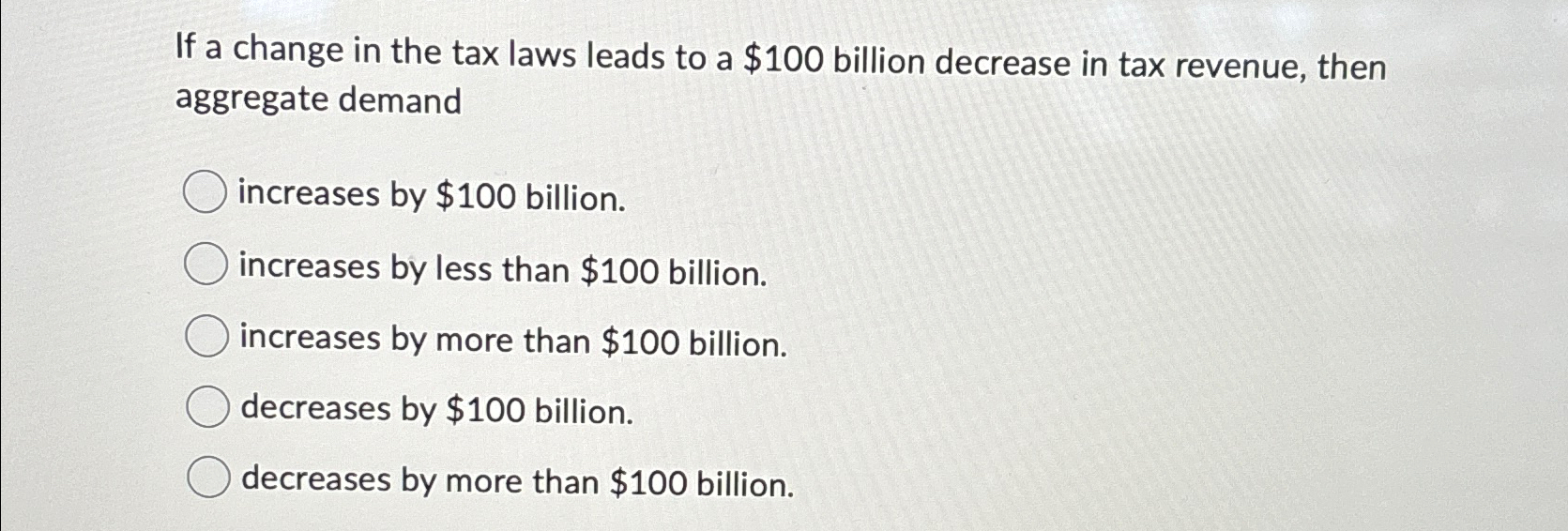 Solved If a change in the tax laws leads to a $100 ﻿billion | Chegg.com