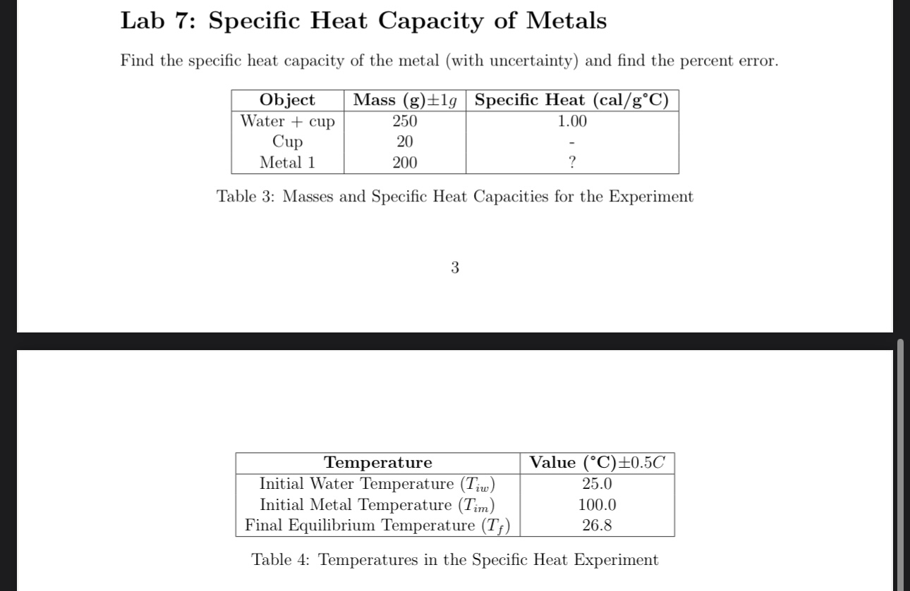 Lab 7: Specific Heat Capacity of MetalsFind the | Chegg.com
