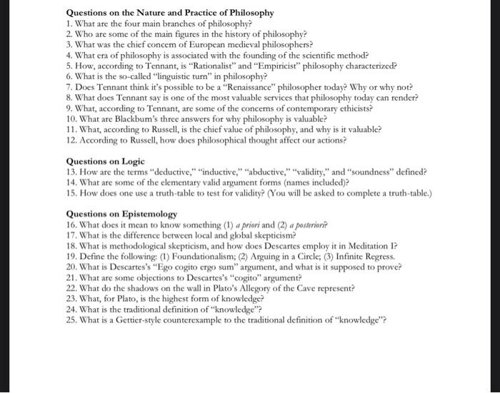 Questions on the Nature and Practice of Philosophy 1. | Chegg.com