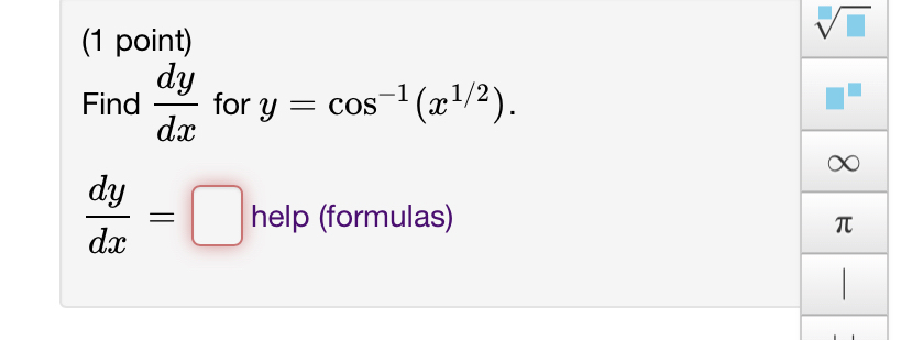 Solved (1 ﻿point)Find dydx ﻿for y=cos-1(x12).dydx=, ﻿help | Chegg.com
