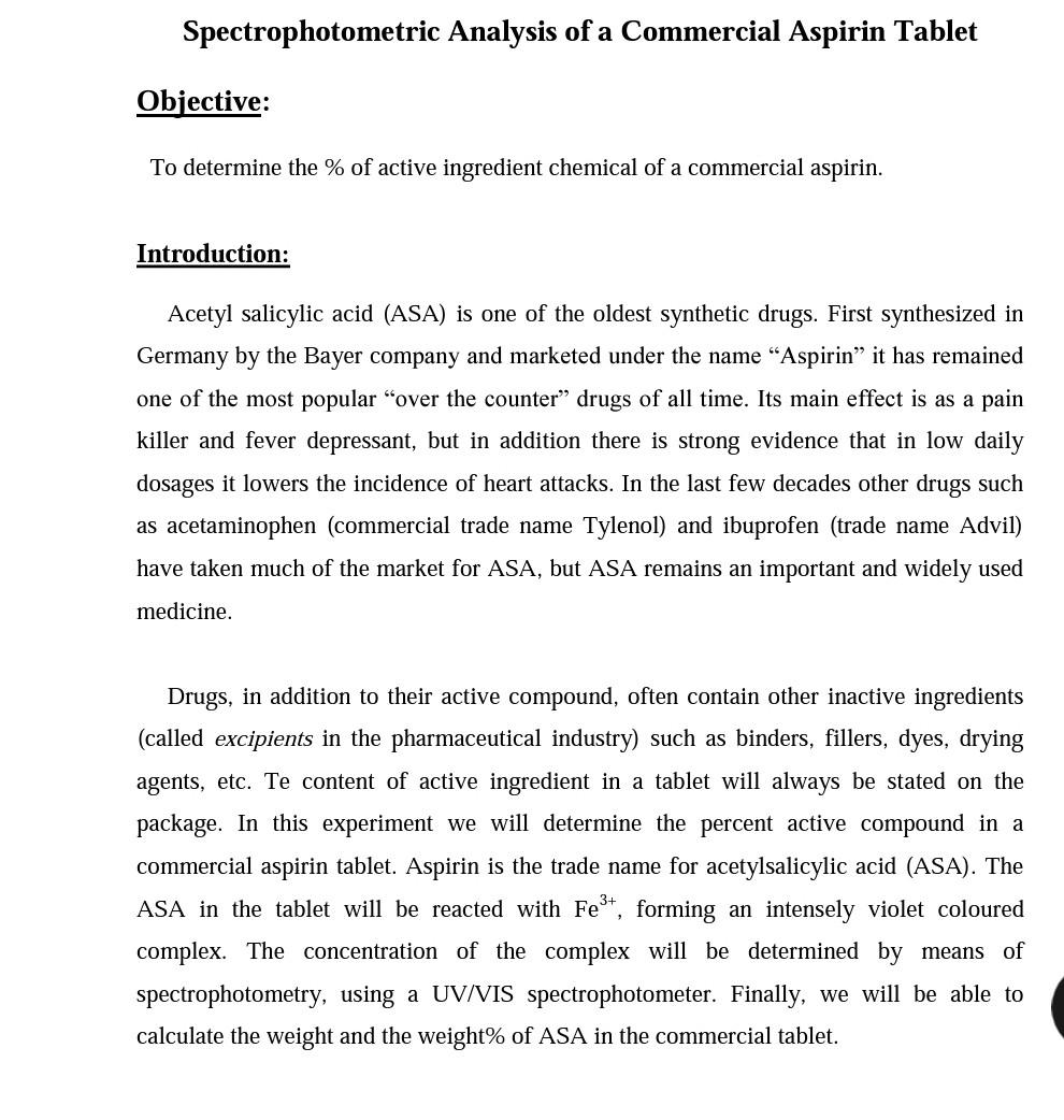 Solved Spectrophotometric Analysis of a Commercial Aspirin | Chegg.com