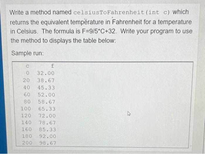 Solved Write a method named celsiusToEahrenheit (int c) | Chegg.com