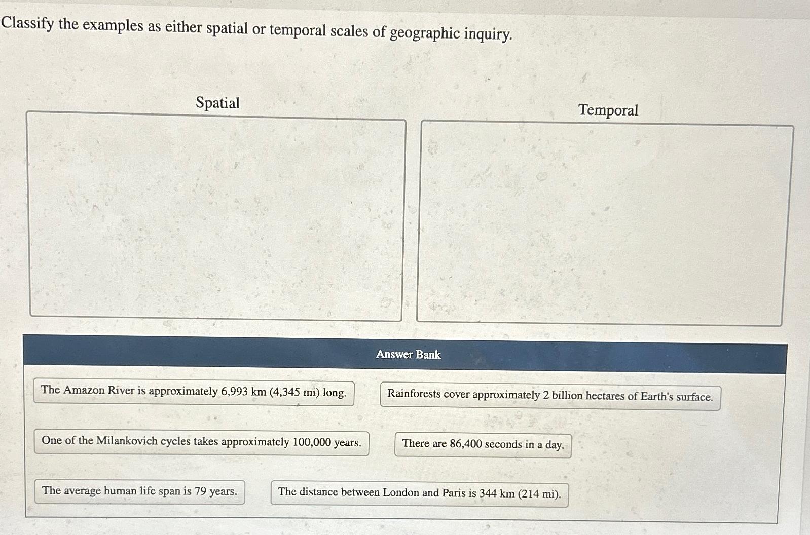 Solved Classify the examples as either spatial or temporal | Chegg.com
