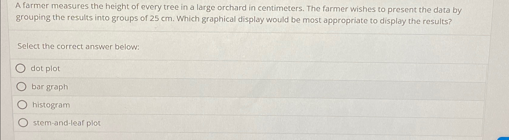 Solved A farmer measures the height of every tree in a large | Chegg.com