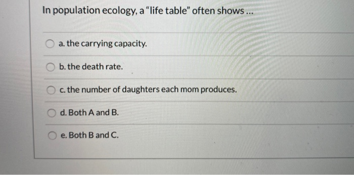 Solved In population ecology, a "life table" often shows ... | Chegg.com