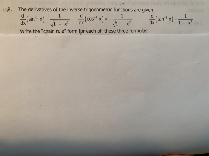 Solved [6]8. The derivatives of the inverse trigonometric | Chegg.com