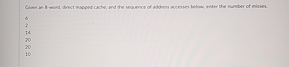 Solved Given an 8-word, direct mapped cache, and the | Chegg.com