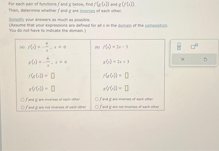 Solved For each pair of functions \\( f \\) and \\( g \\) | Chegg.com
