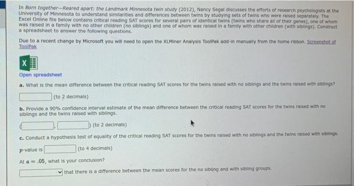 Solved In Born together-Reared apart: the Landmark Minnesota | Chegg.com