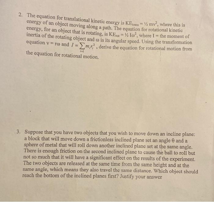 Solved 2. The equation for translational kinetic energy is | Chegg.com