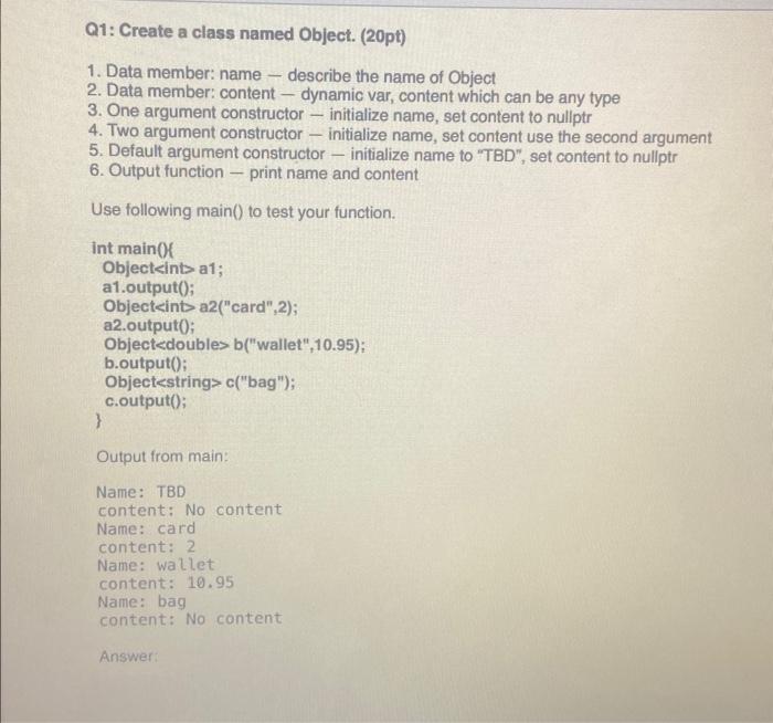 Solved Q1: Create a class named Object. (20pt) 1. Data | Chegg.com