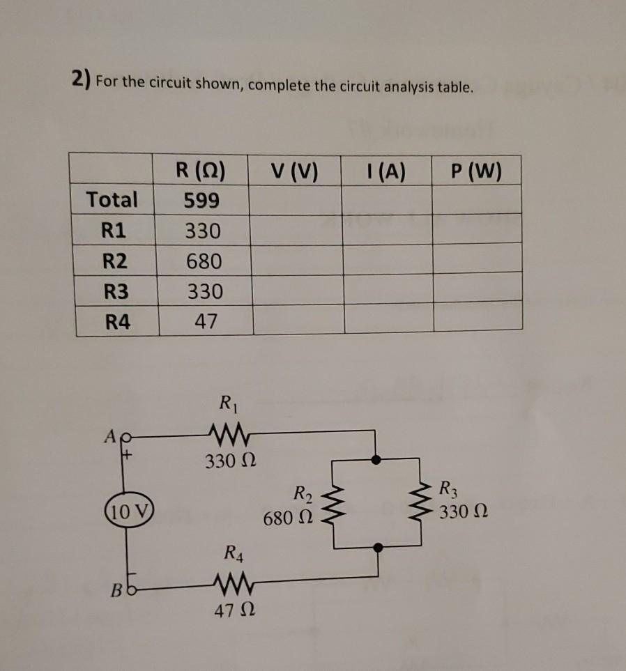 Solved 2) For the circuit shown, complete the circuit | Chegg.com